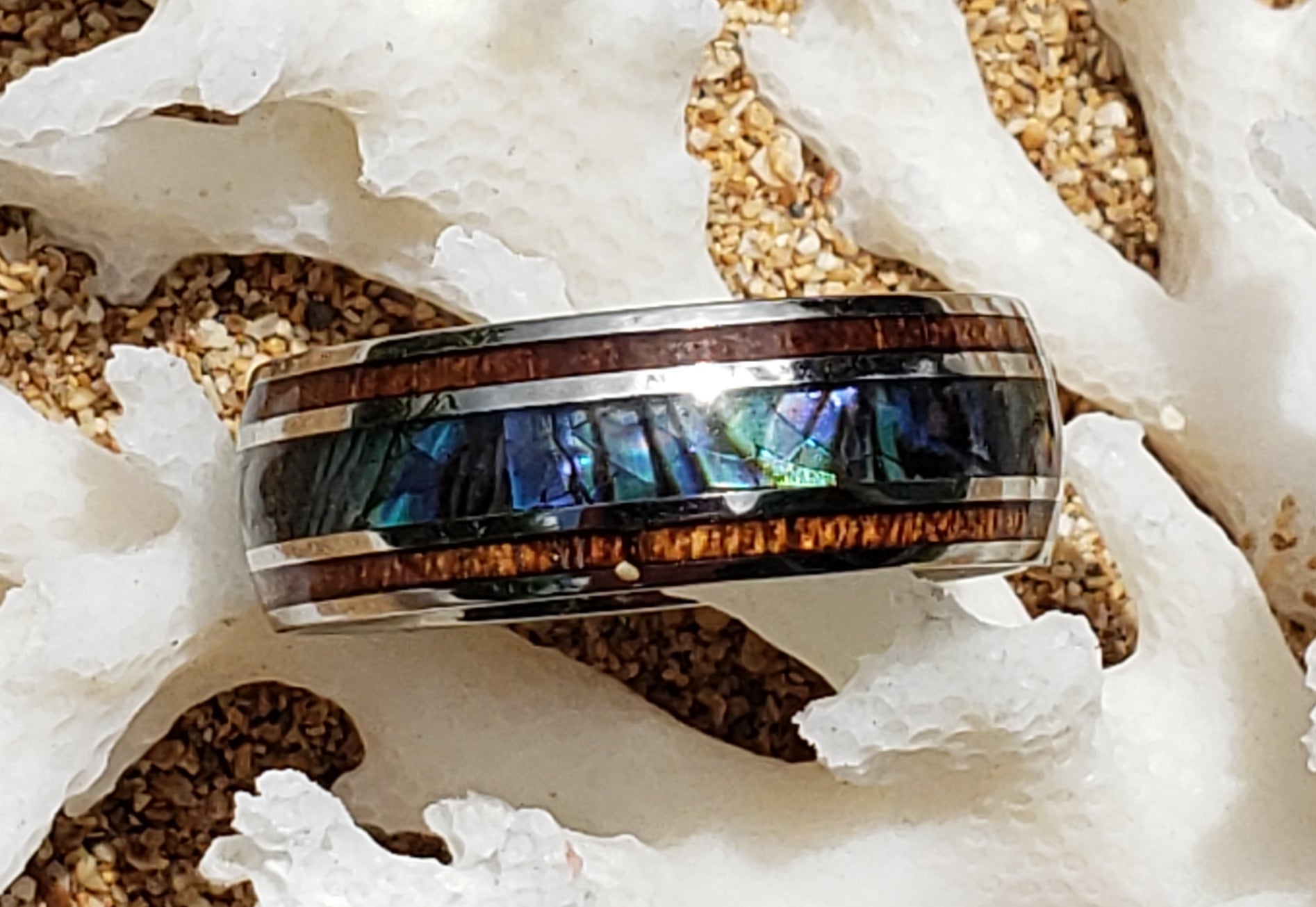 Koa Wood & Abalone Shell Stainless Steel Ring 2Koa 1Abalone Size 6 to ...